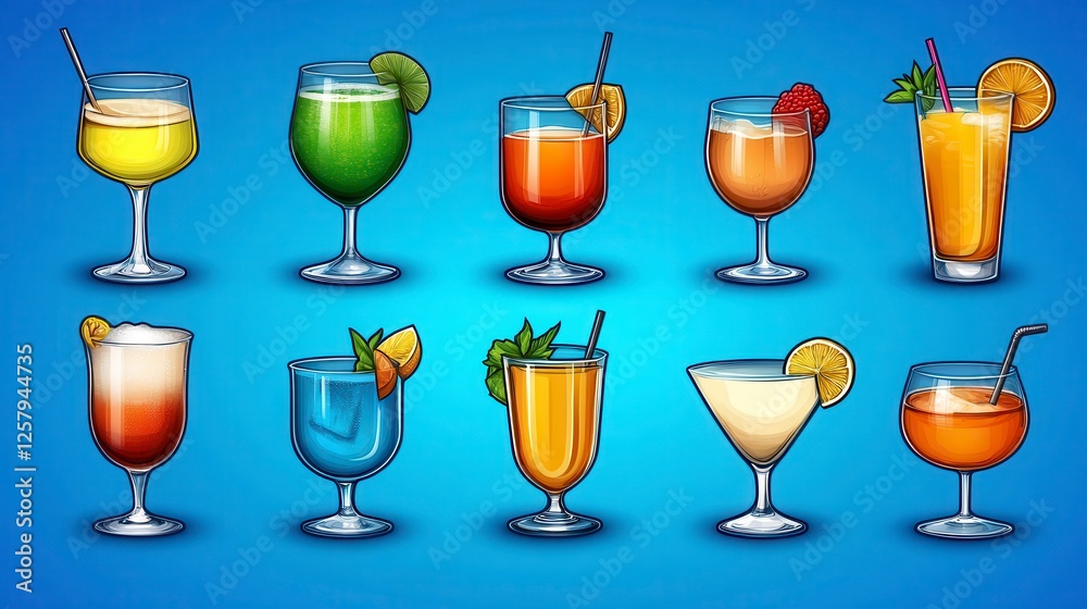 Collection of pixel art cocktails, various colors and garnishes ...