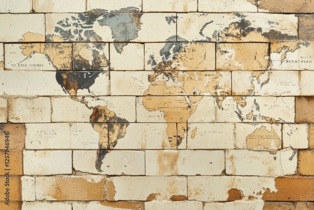 World map depicted across a textured brick wall surface Stock Photo ...