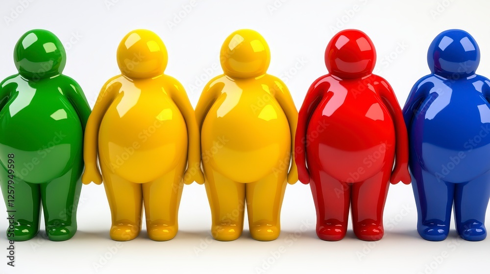 Row of five colorful, cartoonish figures, depicting varying weights ...