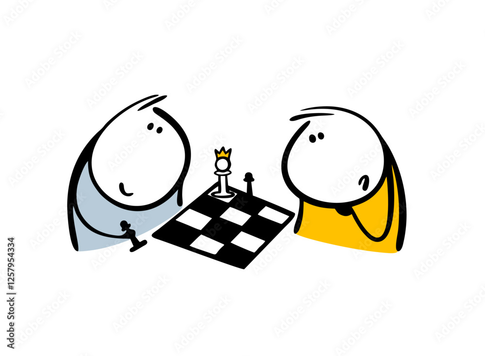 Two boys are playing chess. Vector illustration of stickman holds a ...