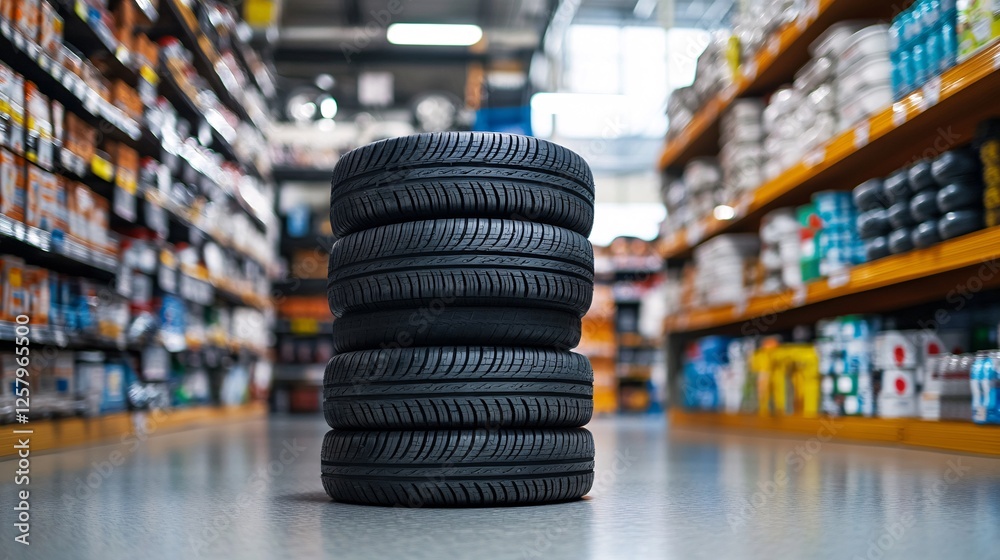 Four new black tires are stacked in a retail store full of automotive ...