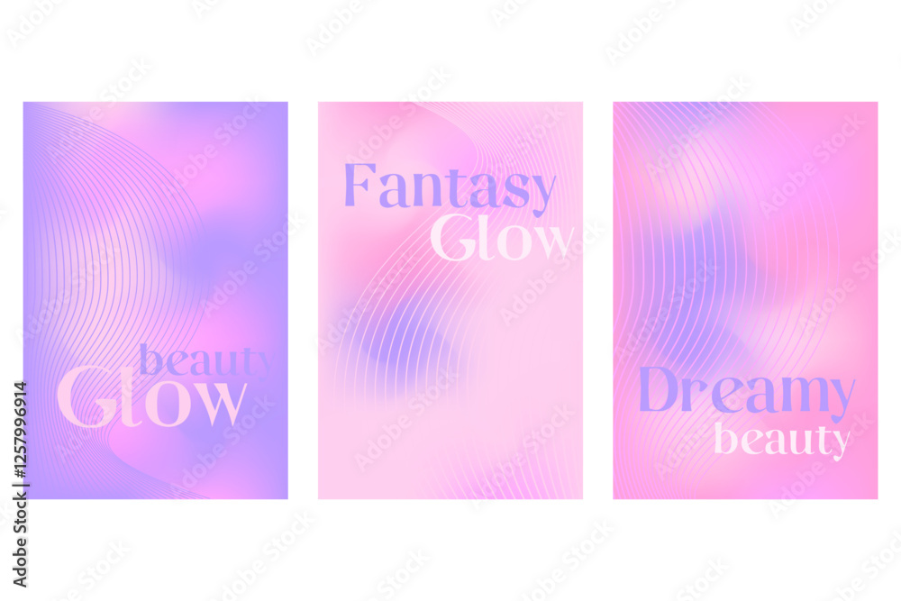 Abstract iridescent lavender color, fantasy wave poster set with smooth ...