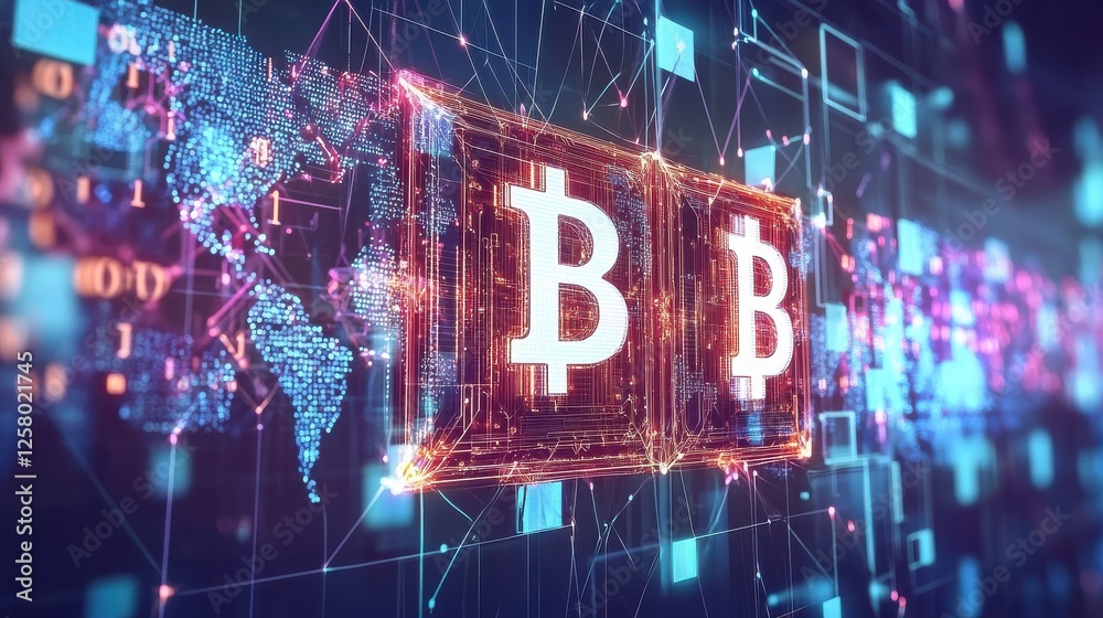 Blockchain technology wording on futuristic hud background with polygon world map and blockchain ...