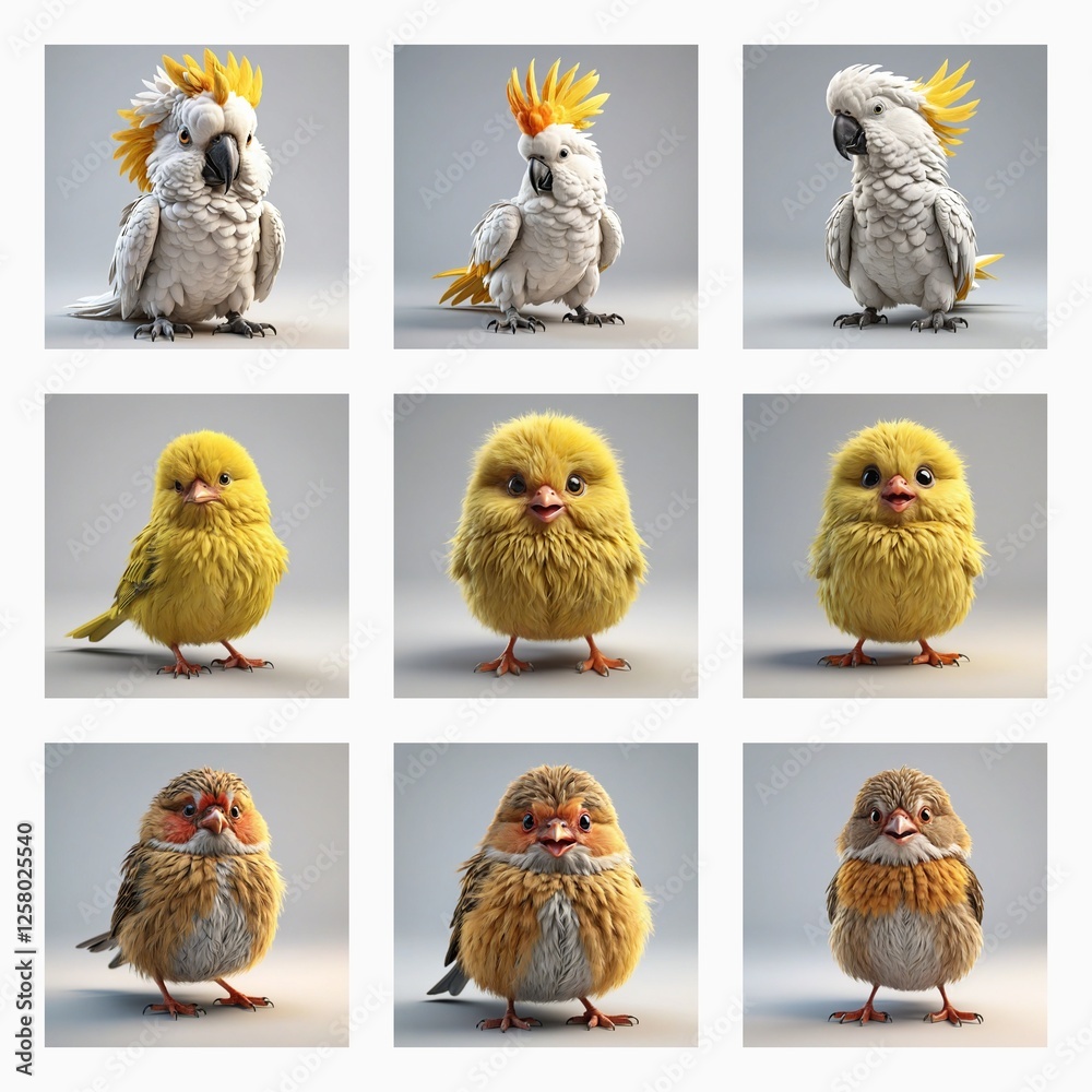 A grid showcases nine cute 3D bird models. Different bird types and ...
