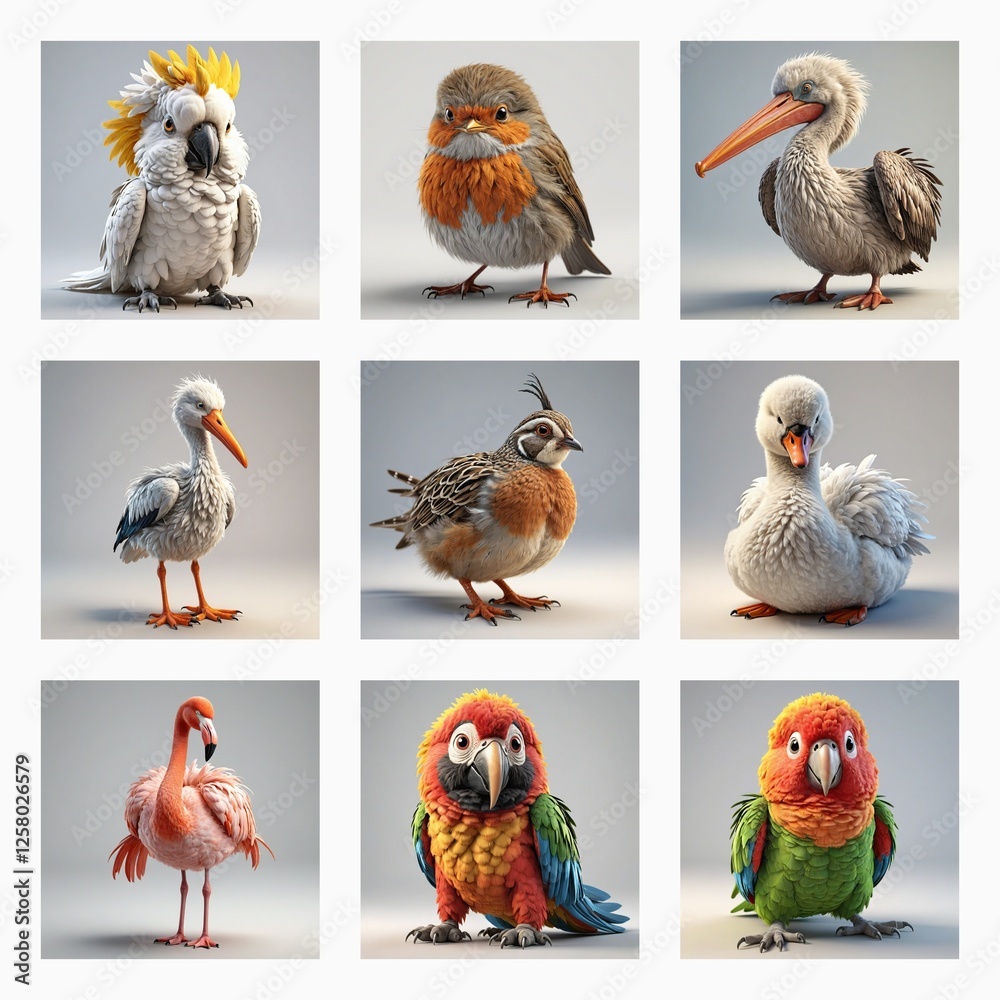 Nine adorable 3d bird models are showcased in a grid format. Each bird ...