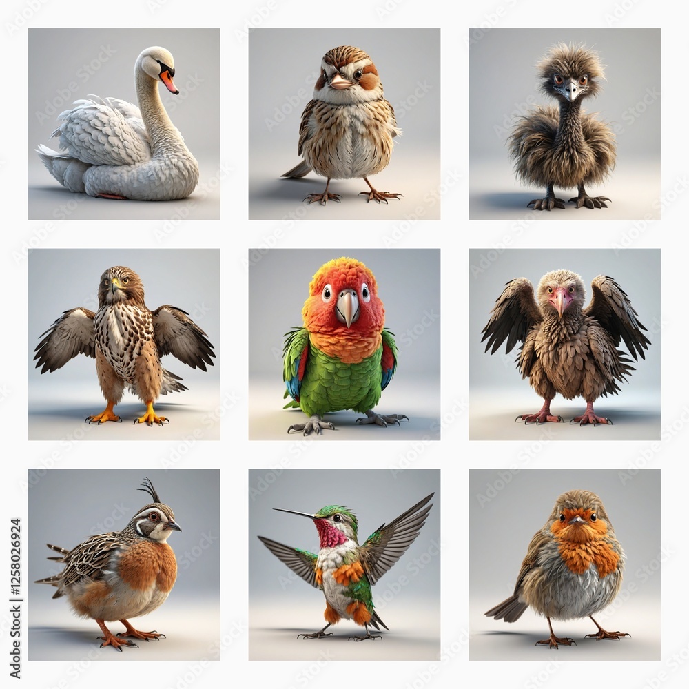 Various cute 3D bird models are showcased in a nine-image grid. Diverse ...
