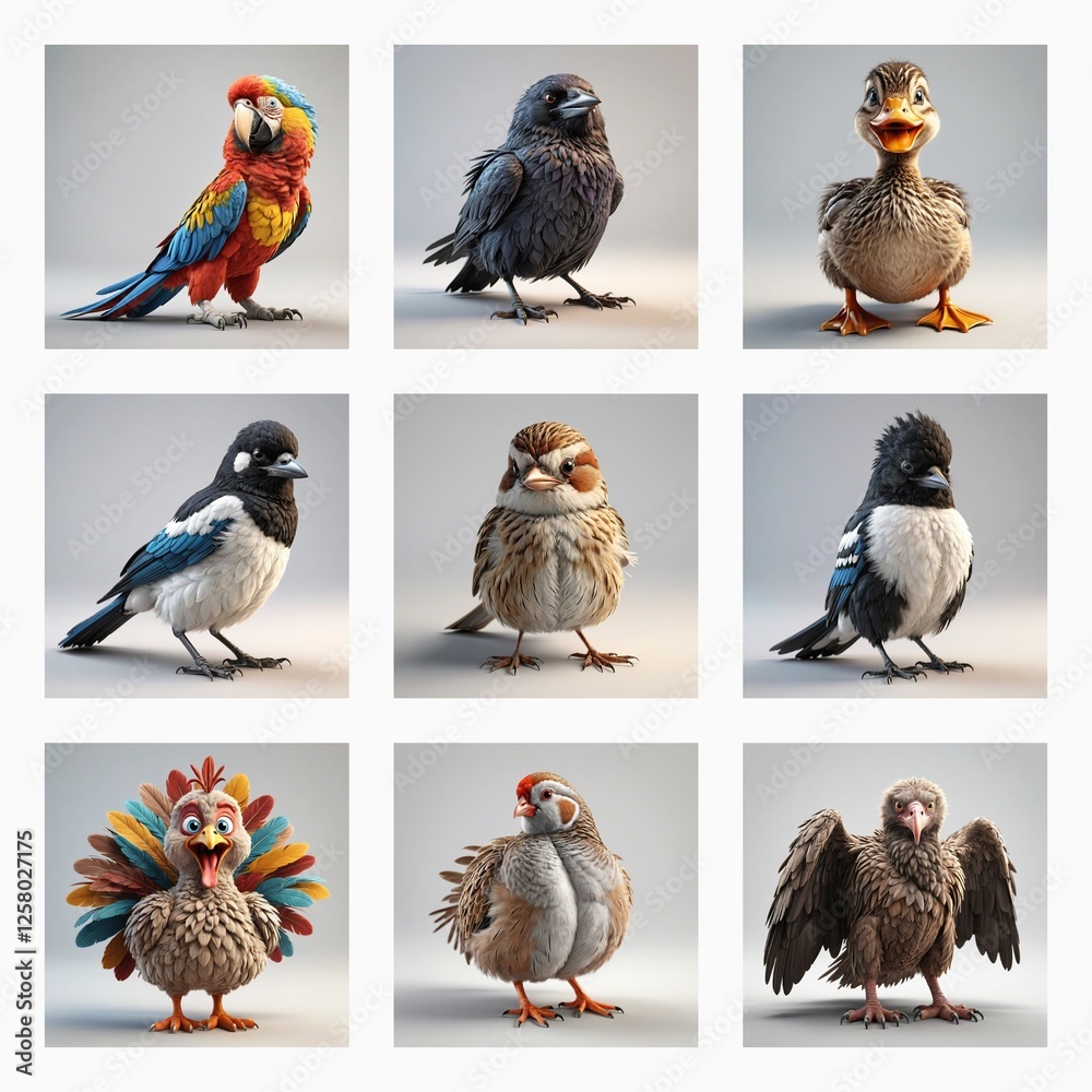 A grid of nine cute 3D bird models showcases diverse avian species in a ...