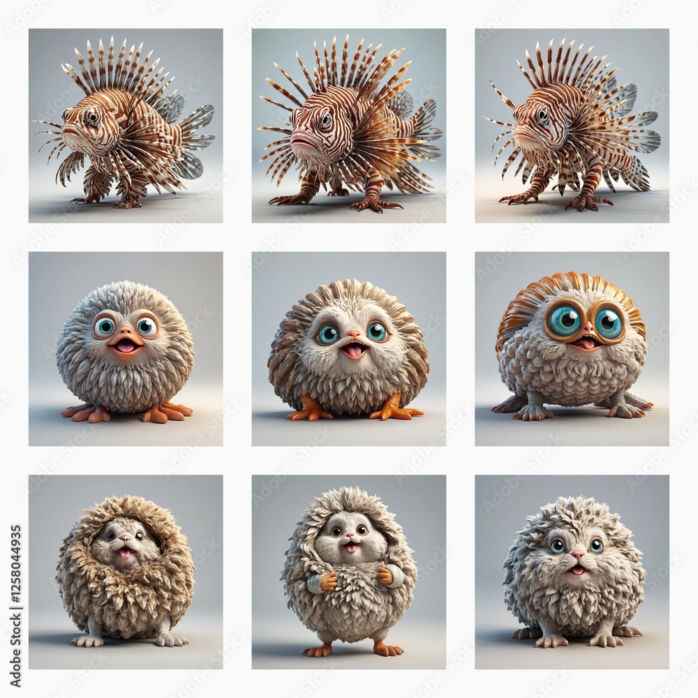 Ilustración de Stock Cute 3d monster creatures in a grid. Top row ...