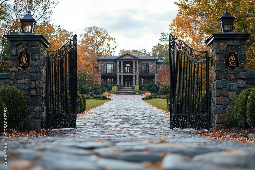 Luxury mansion behind open gates during autumn season Stock Photo ...