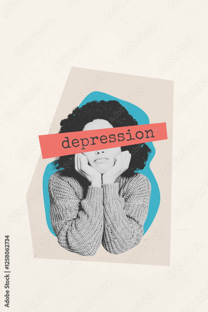 Vertical sketch artwork collage poster of puzzled girl sit alone ...