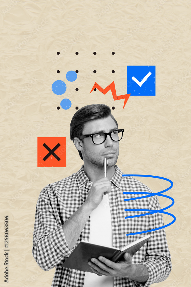 Exclusive image vertical photo collage of minded businessman hold ...