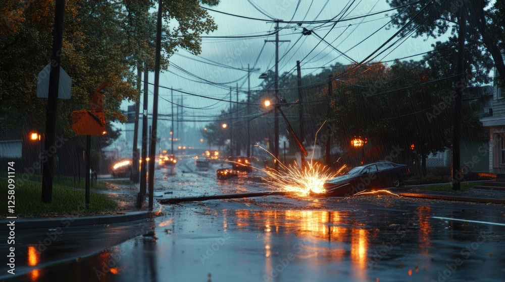 Car crash on rain-soaked street with downed power lines sparking. Stock ...