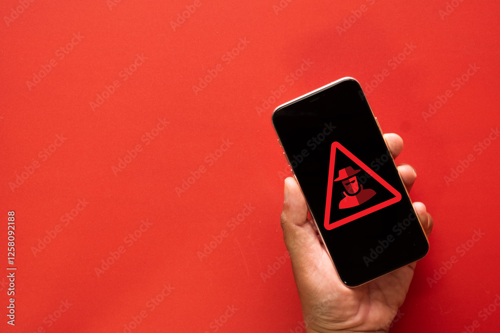 Smartphone screen with hacker icon and attention sign, cybersecurity risk, data security ...