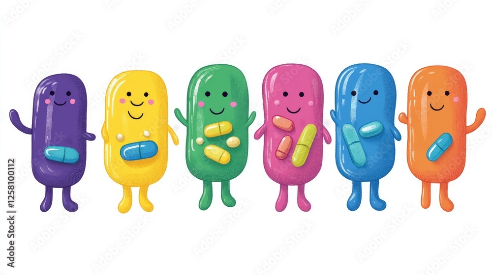 Cartoon-like probiotic characters, vibrantly colored and labeled ...
