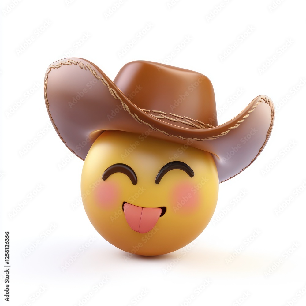 Yellow emoji face, cowboy hat, brown leather hat, smiling expression ...