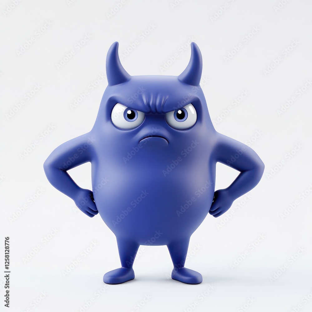Cute angry blue monster, cartoon character, horns, big eyes, furrowed ...