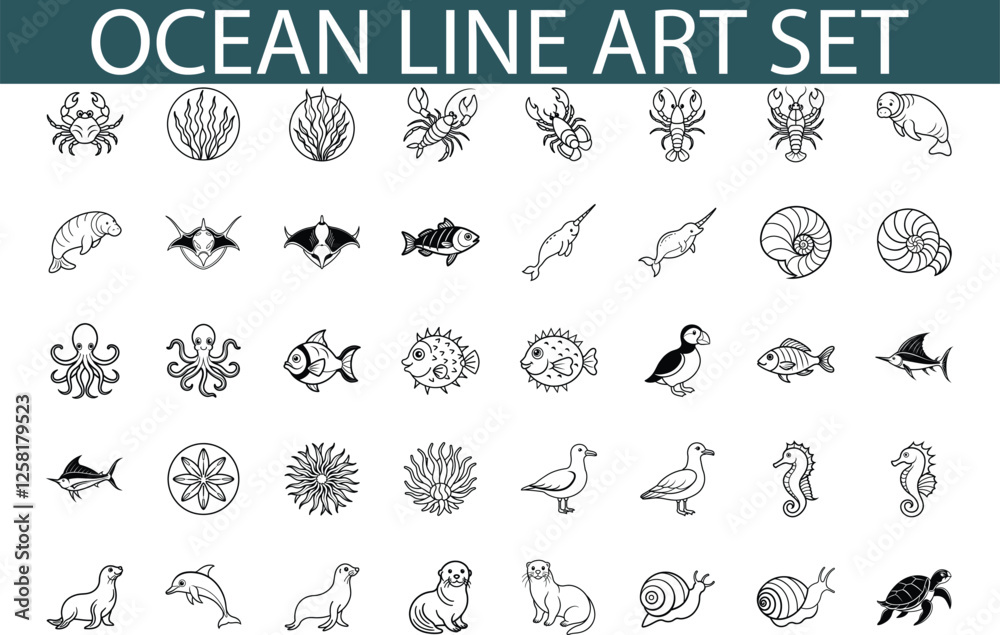 Ocean Line Art Set Marine Life, Sea Creatures, Drawings Stock Vector ...
