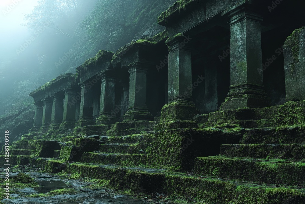 Ancient stone temple ruins surrounded by mist and greenery in a secluded forest setting Stock ...