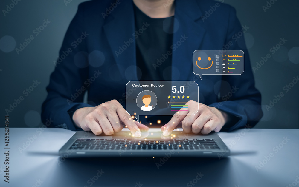 professional typing on a laptop, surrounded by digital rating icons ...