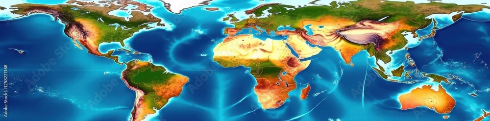 Colorful map of world with various landforms and bodies of water, map ...