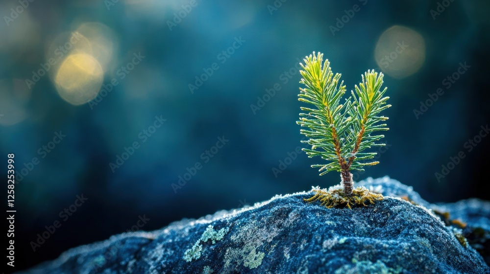 Tiny pine sprout on rock, forest bokeh background, nature growth Stock ...