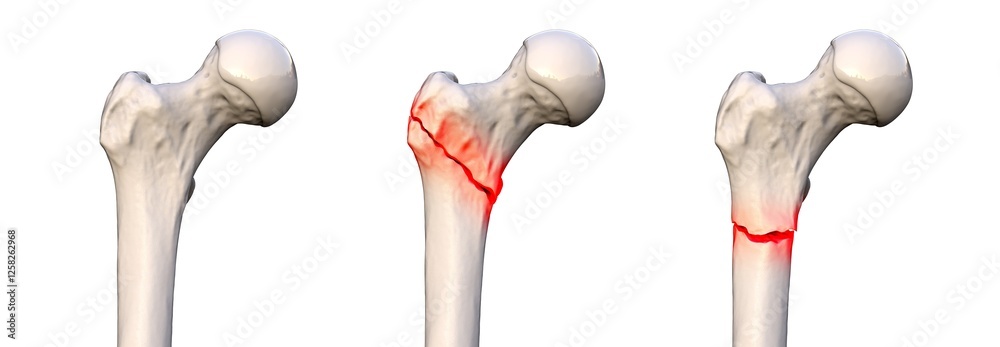 Femur fracture types: normal femur, intertrochanteric fracture, and subtrochanteric fracture, 3D ...