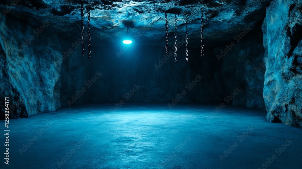 Secret underground experiment chamber with flickering hazard lights ...