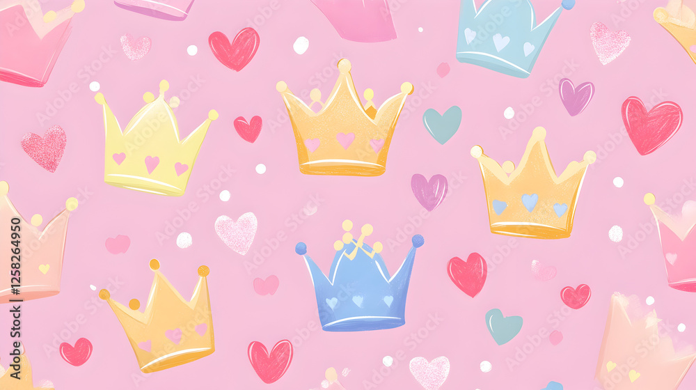 un fondo rosa decorado con coronas y corazones adorables e infantiles ...