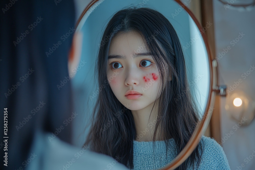 Dermatology, puberty asian young woman, girl looking into mirror ...