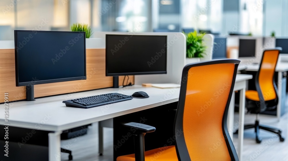 Modern office workspace featuring dual monitors and ergonomic chairs ...