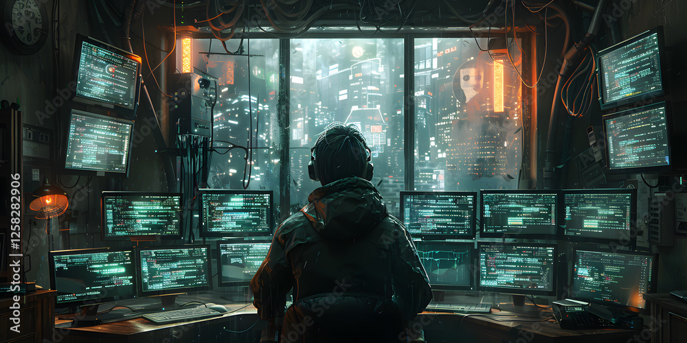 Ilustración de Stock Imagen horizontal de un hacker en su escritorio ...