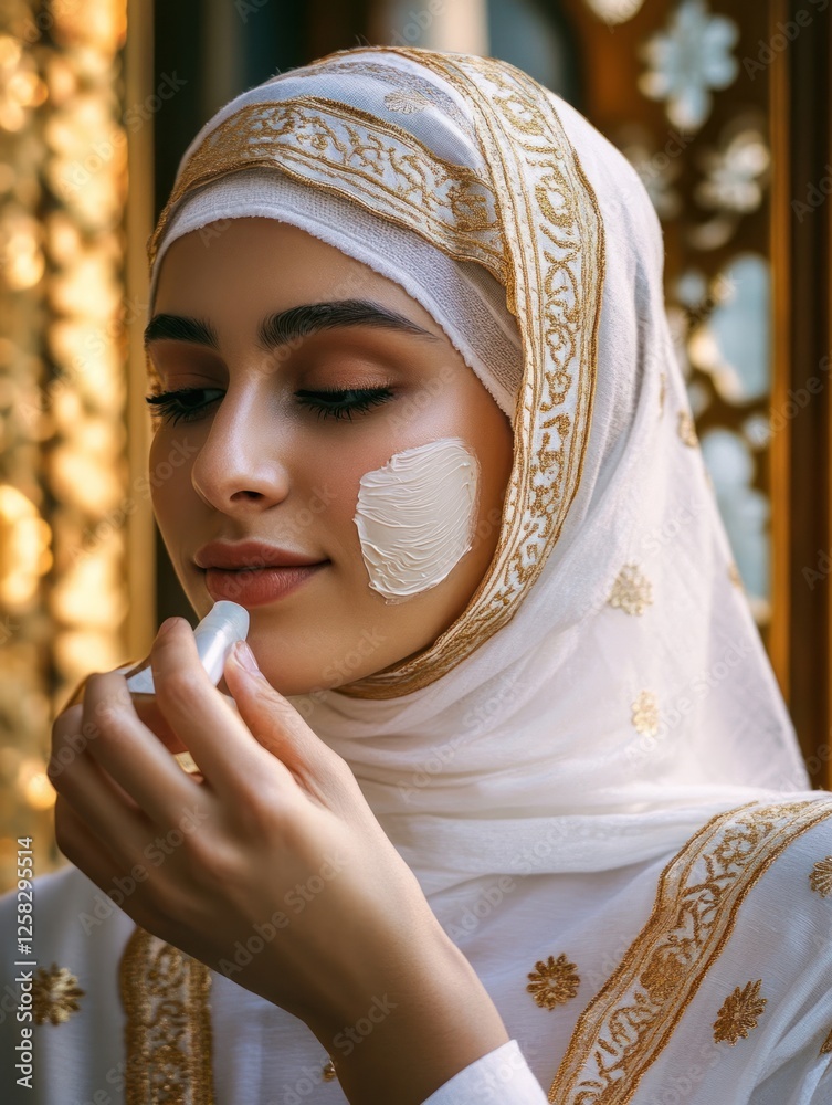 Young woman in white hijab applying tanakha paste to her face, golden ...