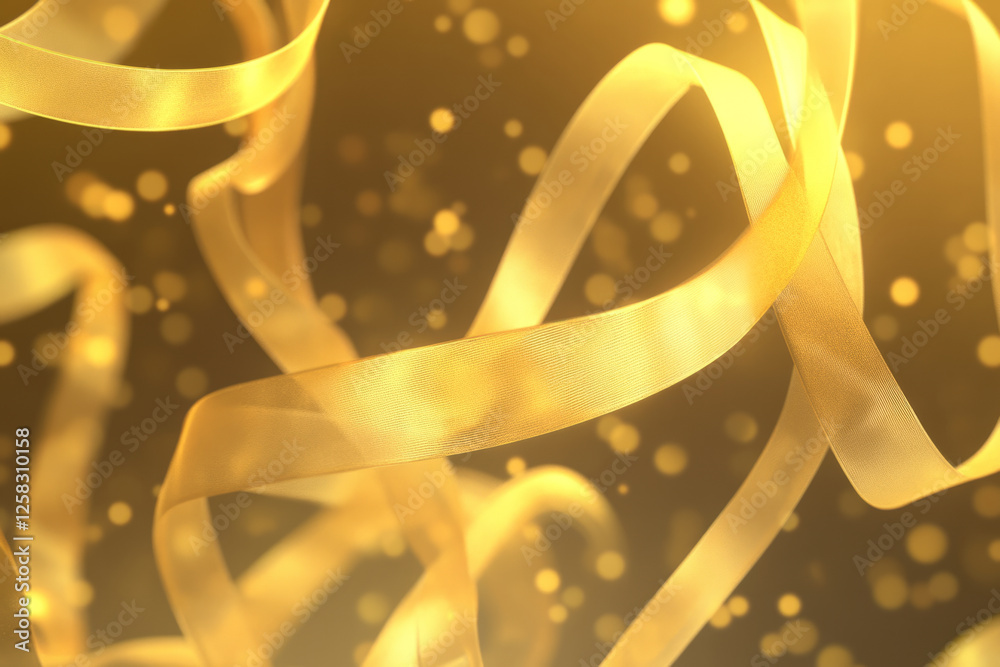 animated glowing ribbons in gold, gently curling and twisting in a ...