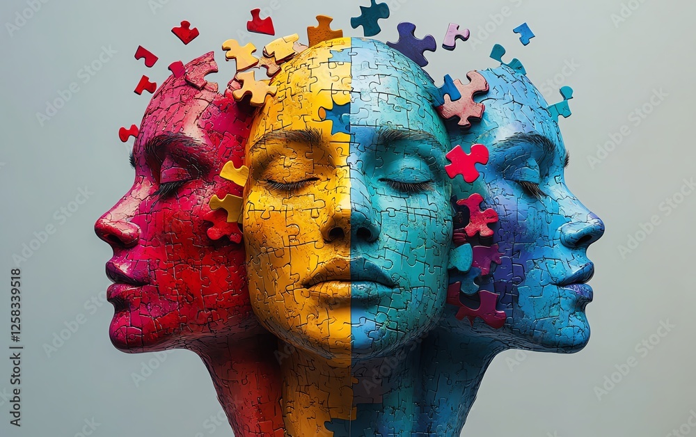 Three colorful man heads with puzzle pieces falling apart, creative ...