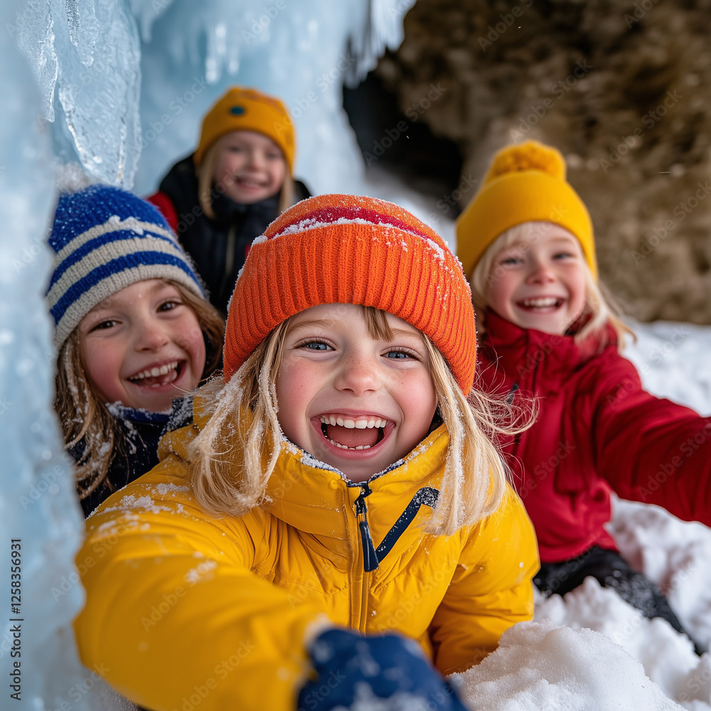 Children marvel at the breathtaking blue ice formations inside an ...
