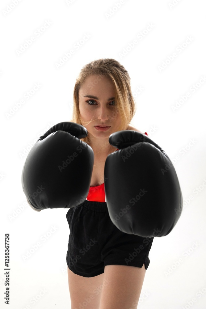 Confident female boxer poses with oversized gloves for a striking ...