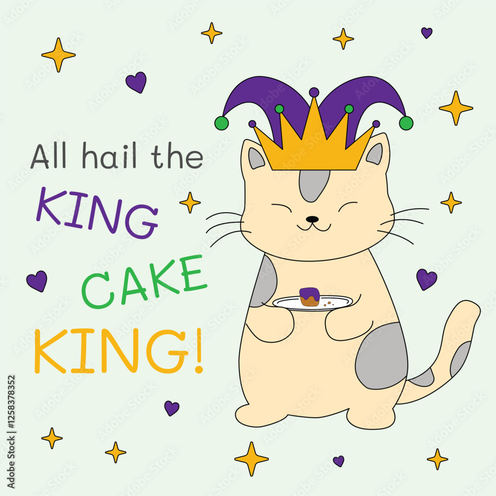 Cute cat king wearing jester crown holding king cake slice. Mardi Gras ...