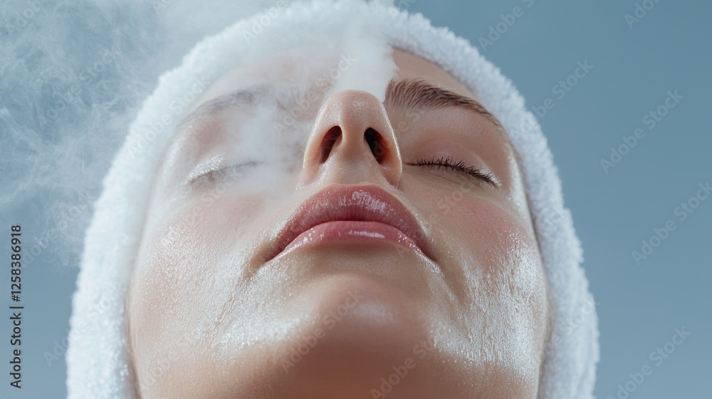 Rejuvenating Steam. Relaxed woman enjoying a facial treatment with ...