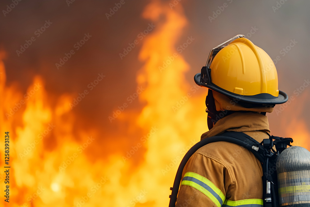 Firefighter faces fire. Danger background. Safety demo, training ...