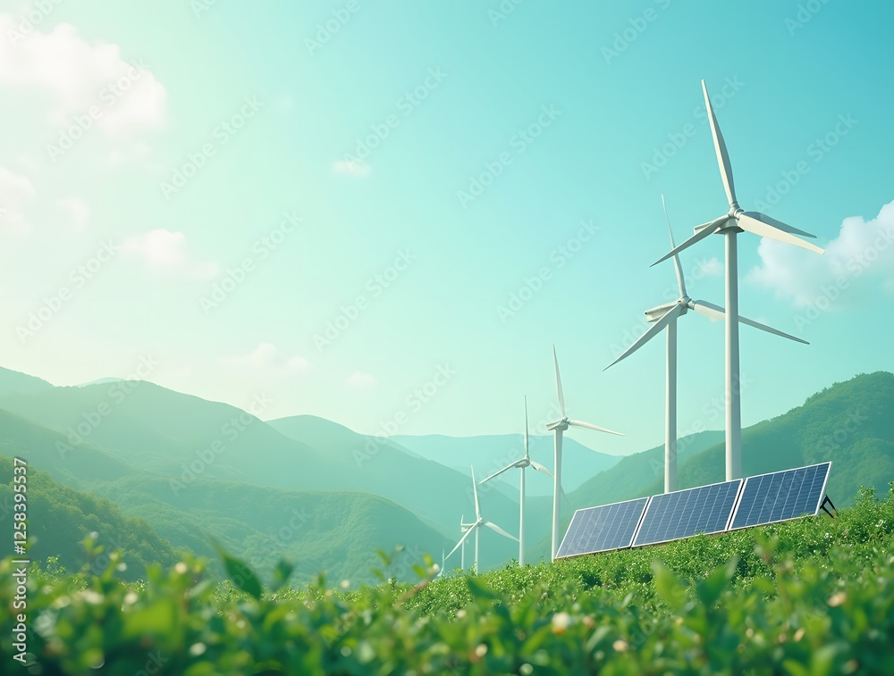 renewable energy banner background with green energy as wind turbines ...