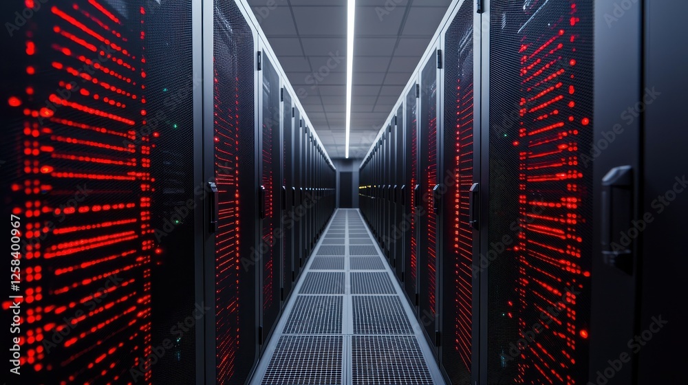 A high-tech server room with rows of black cabinets illuminated by red ...