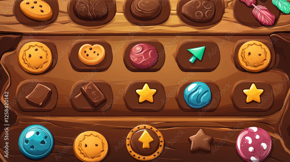 Game menu board and buttons with cookie and chocolate texture. Vector ...