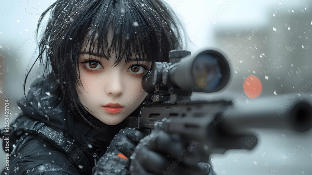 Anime girl aiming sniper rifle in snowy city. Possible use Gaming ...