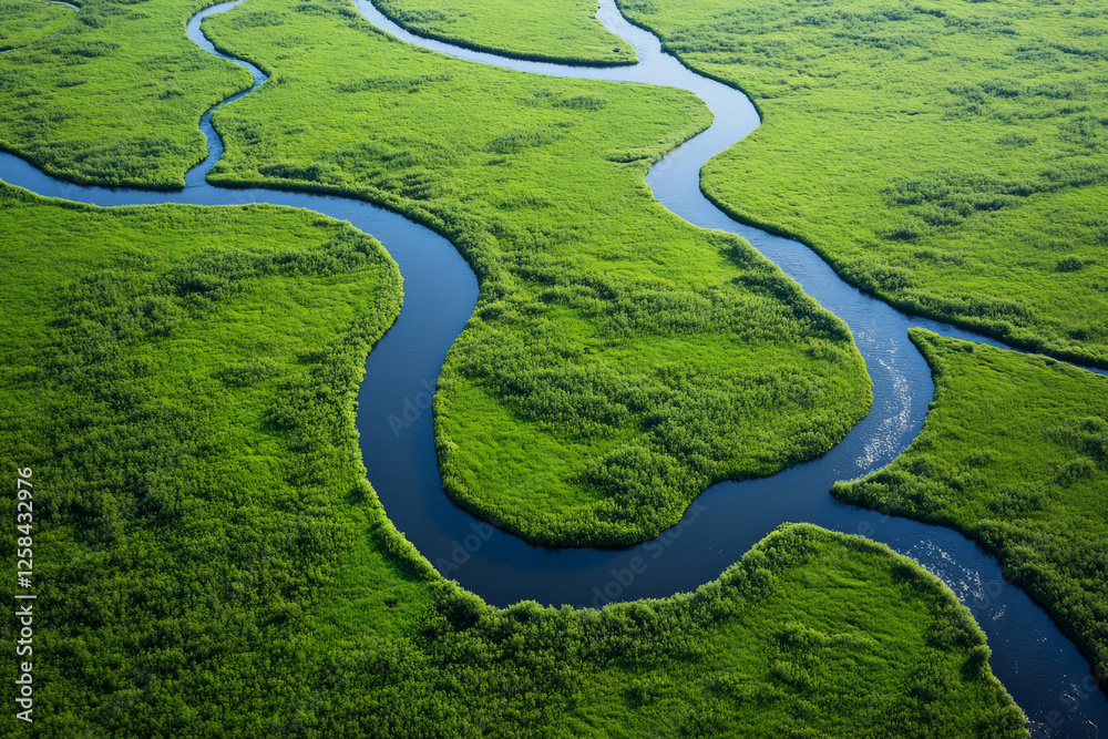 Satellite image of a delta river system, with branching blue channels ...