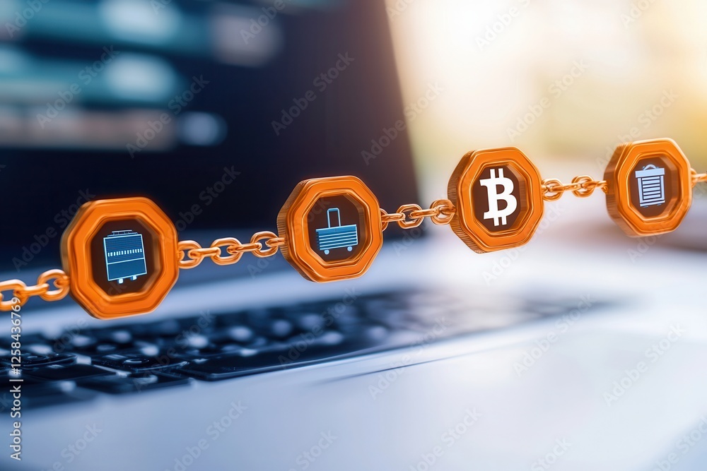 Blockchain in logistics. A digital representation of blockchain technology featuring icons of ...