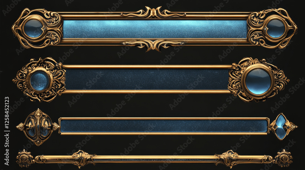 Game ui frames, gold medieval menu elements, buttons or banners with ...