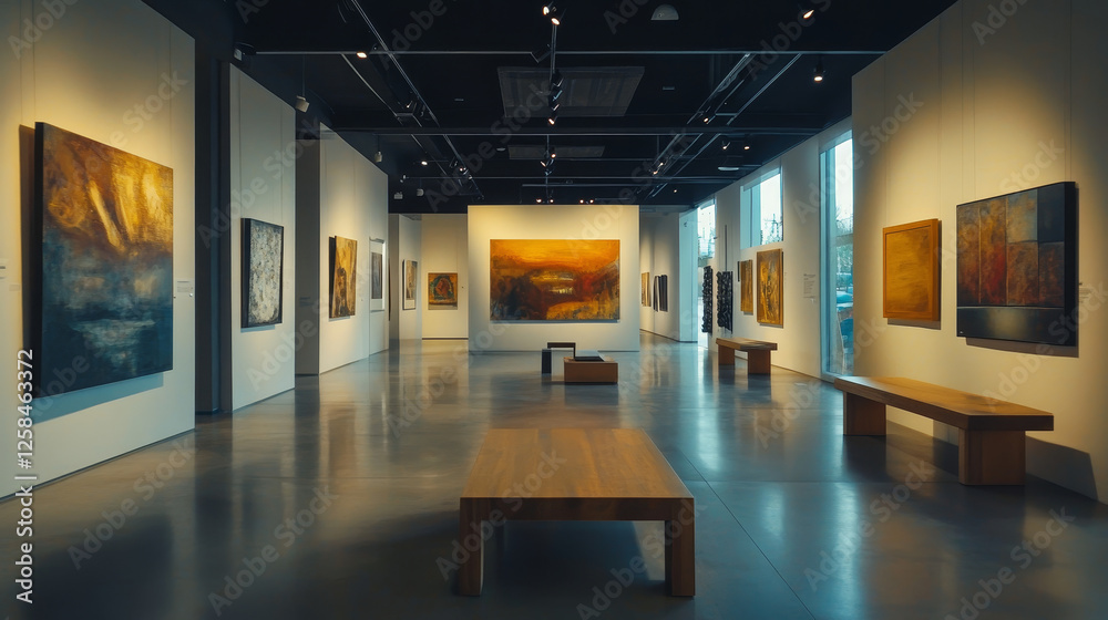 Museum or gallery interior set with modern artworks, paintings and ...