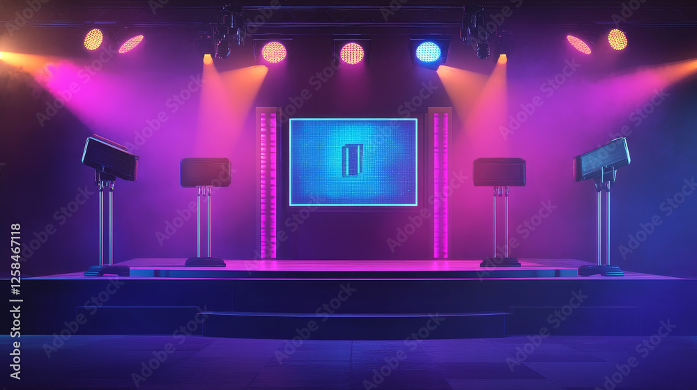 Quiz game stage interior with stands, spotlights, questions on digital ...