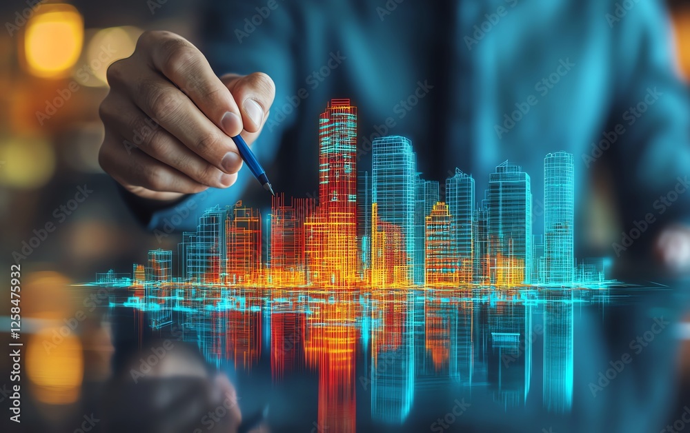 Businessman drawing a colorful city development flowchart on a glass ...