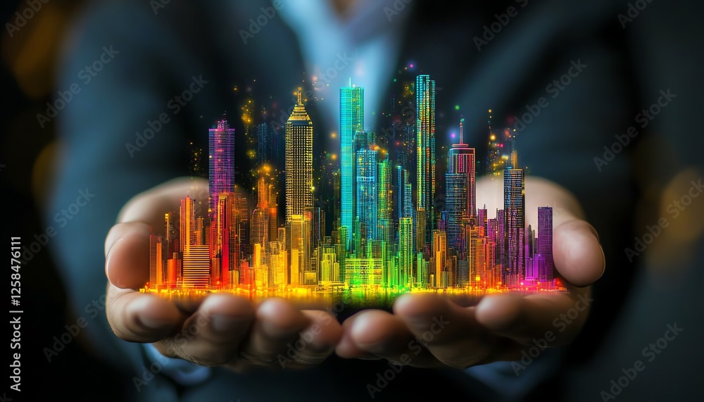 Businessman illustrating a dynamic and colorful city development ...
